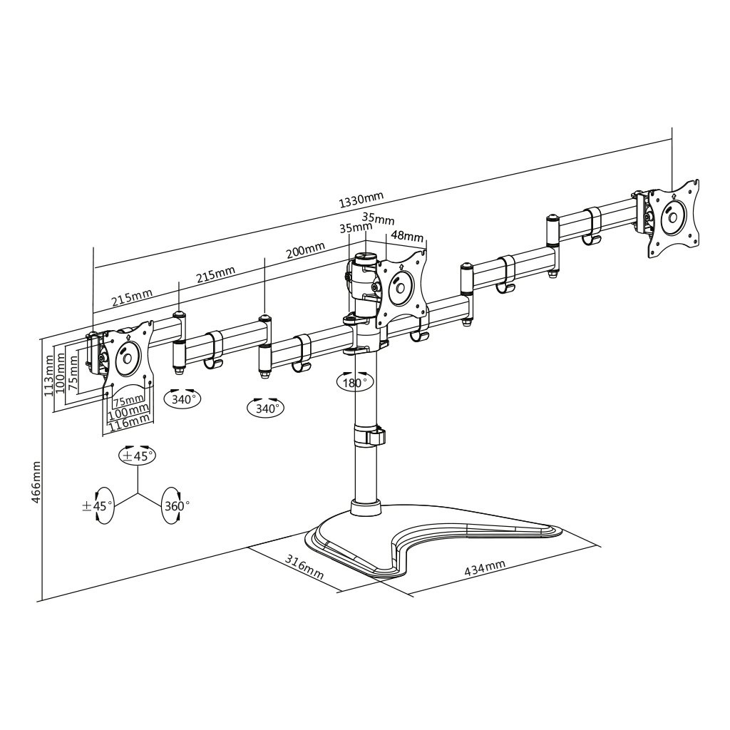 Suporte de Mesa Articulado Triplo para 3 Monitores de 13” a 27” Brasforma
